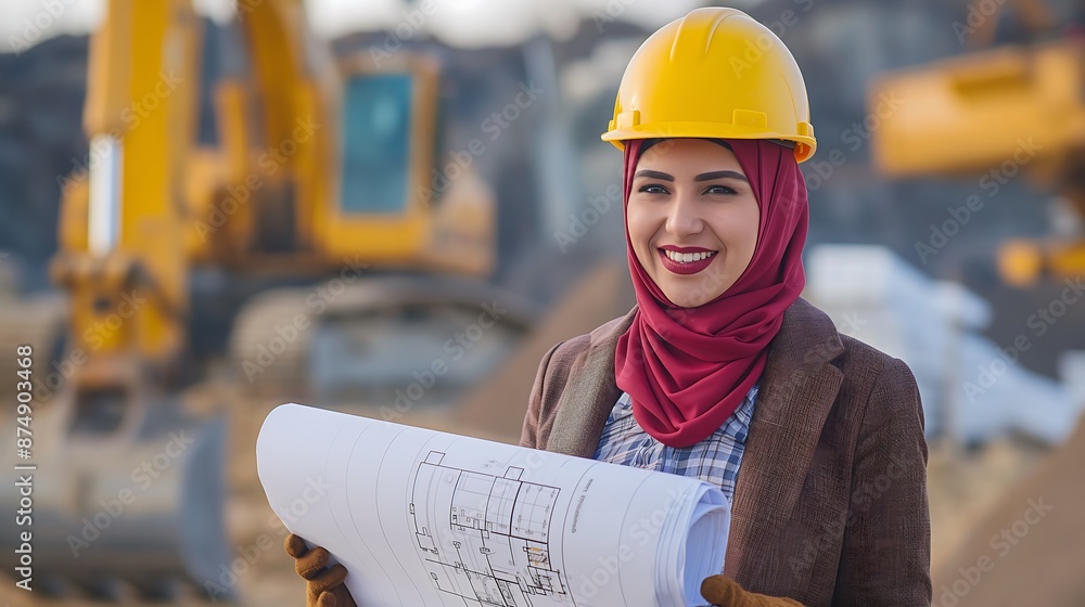 Hijab Wearing Female Engineer with Hard Hat and Blueprint Demonstrating ...