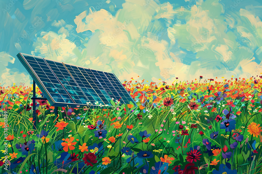 Solar panel in a vibrant wildflower field, illustrating the concept of ...