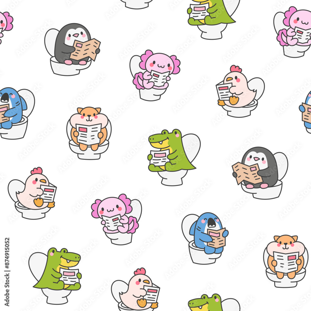 Cute animal pooping on toilet and read newspaper. Seamless pattern ...