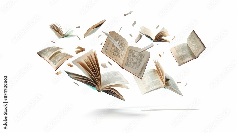 Open book falling isolated on white background, a book flying in the ...