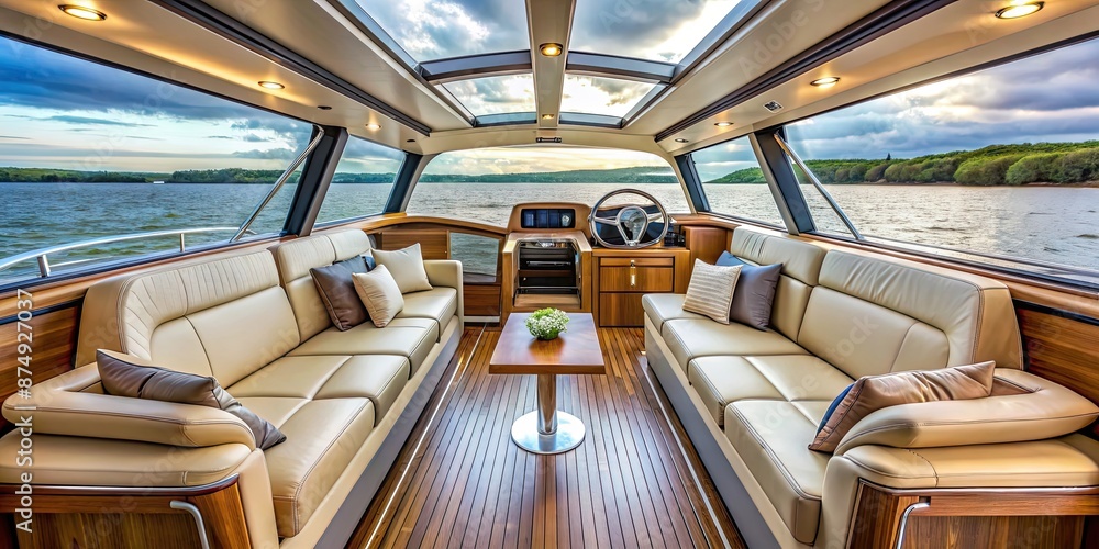 Interior of a modern motor boat with luxurious leather seating and ...