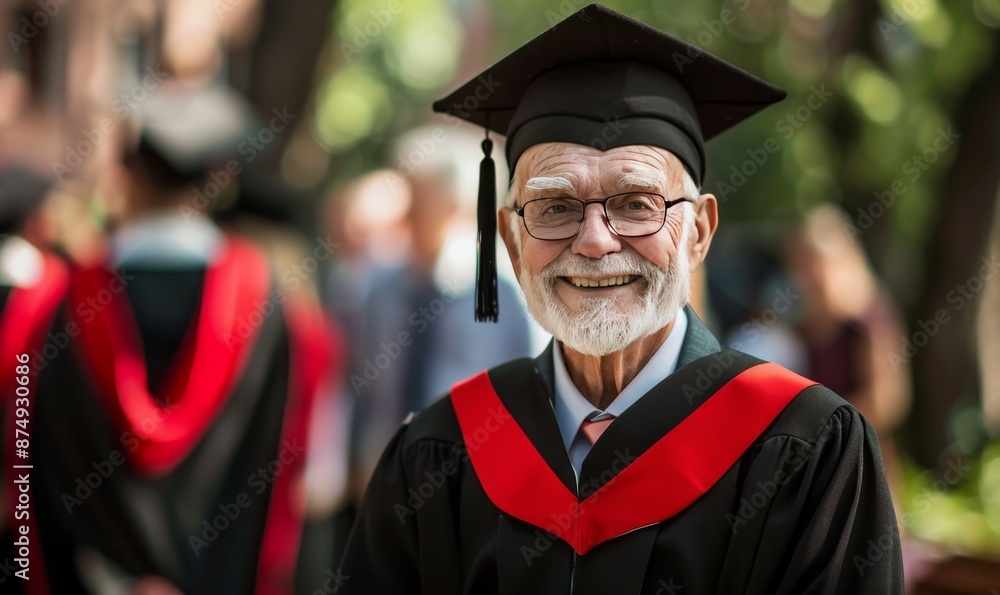 smiling senior man with short white beard and glasses wearing a black ...