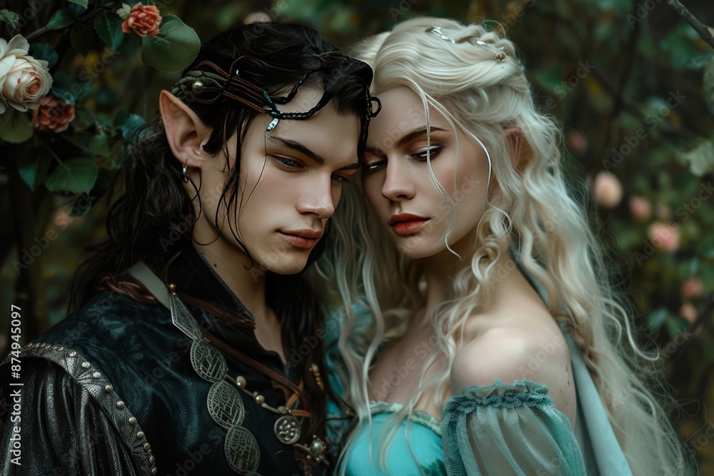male and female elf, romantic pose, fantasy , couple in love, the man ...