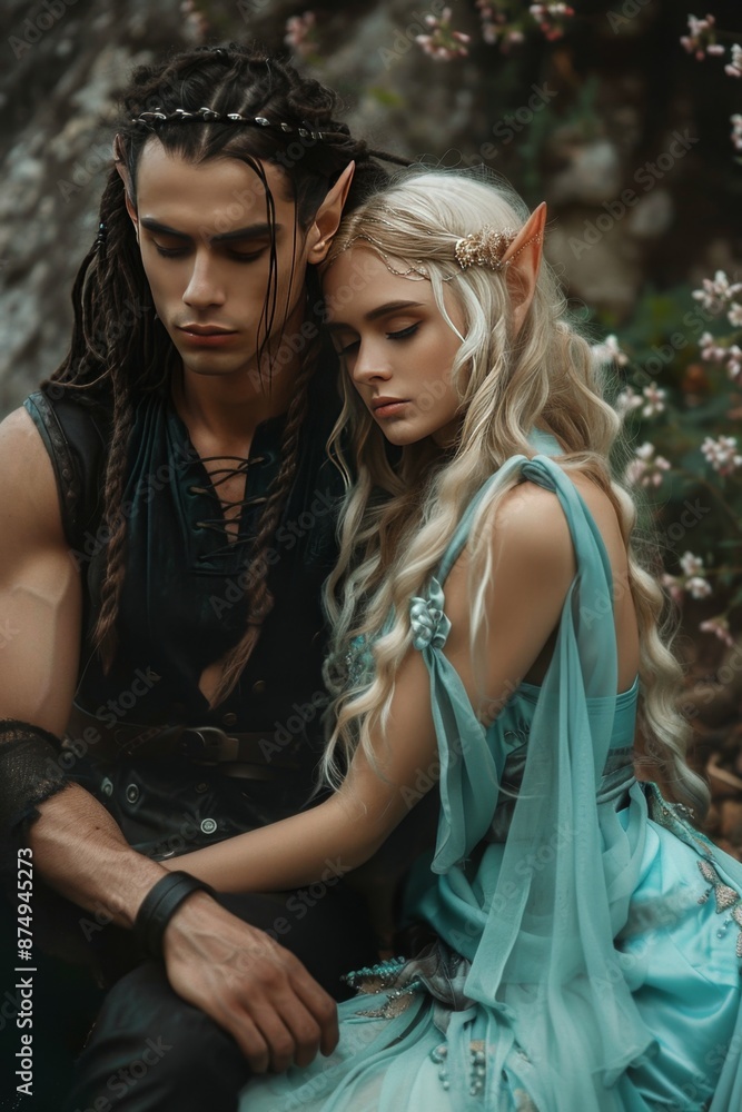 male and female elf, romantic pose, fantasy , couple in love, the man ...