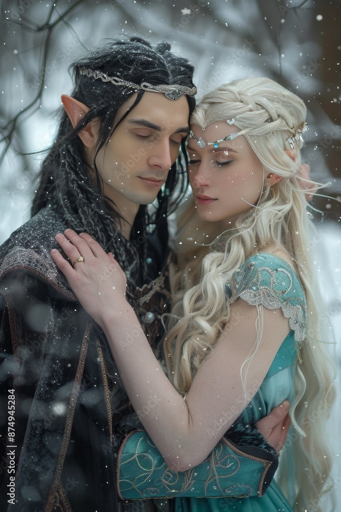 male and female elf, romantic pose, fantasy , couple in love, the man ...