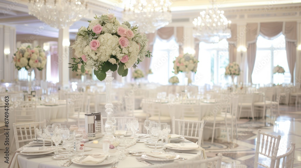 Elegant wedding reception hall with round tables set with white linens ...