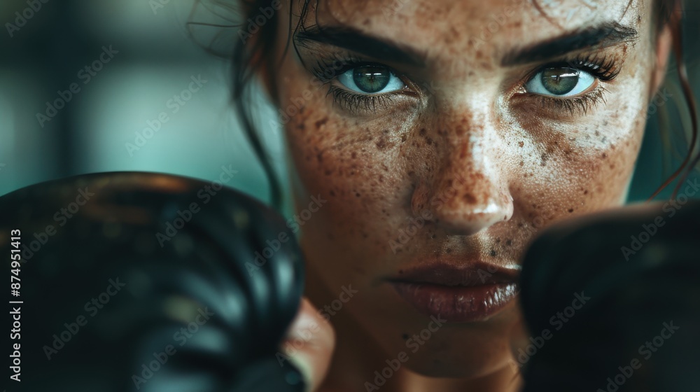 A close-up image of a person wearing black boxing gloves, staring with ...