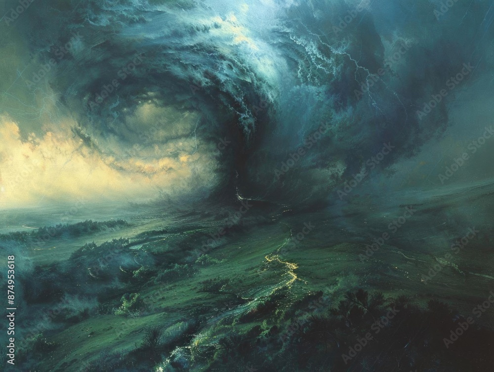 Dramatic ocean storm with dark swirling clouds and turbulent waves ...
