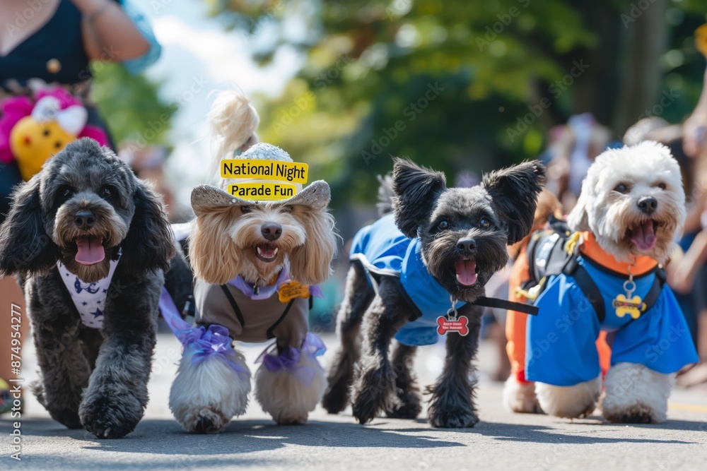 Charming dogs dressed in costumes stroll side by side at an animated ...