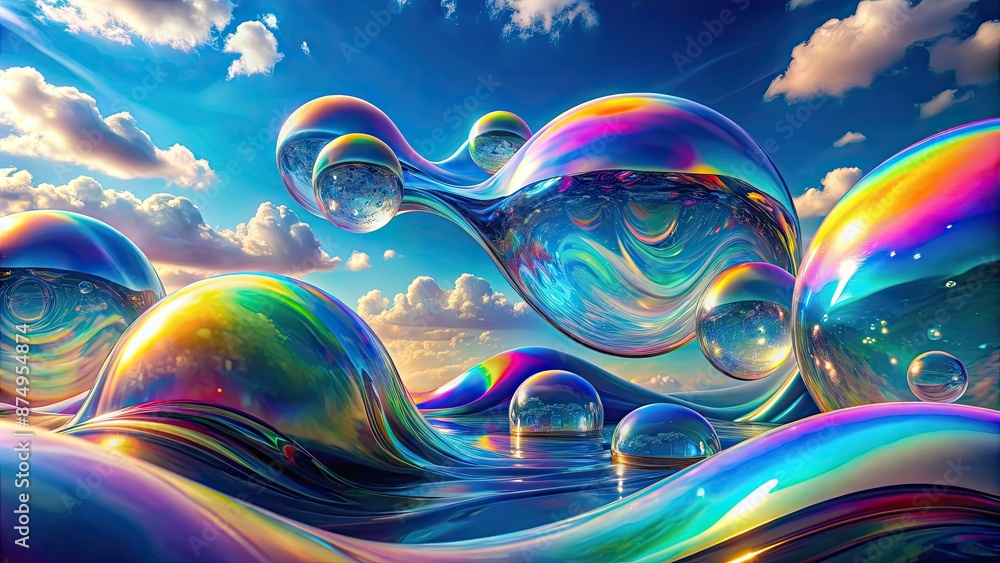 Iridescent holographic fluid shapes floating in rainbow liquid over ...