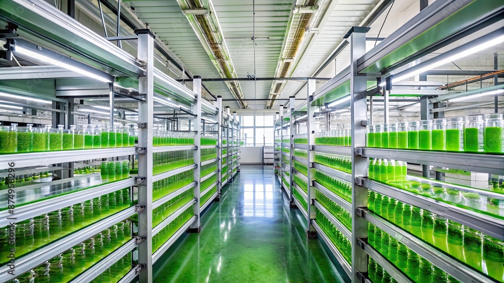 High tech lab with algae farm producing bio fuel for sustainable energy ...
