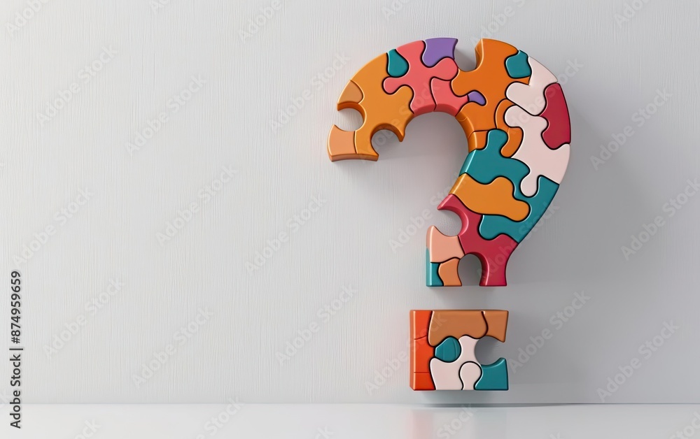 Giant 3D question mark made of colorful puzzle pieces, floating in a ...