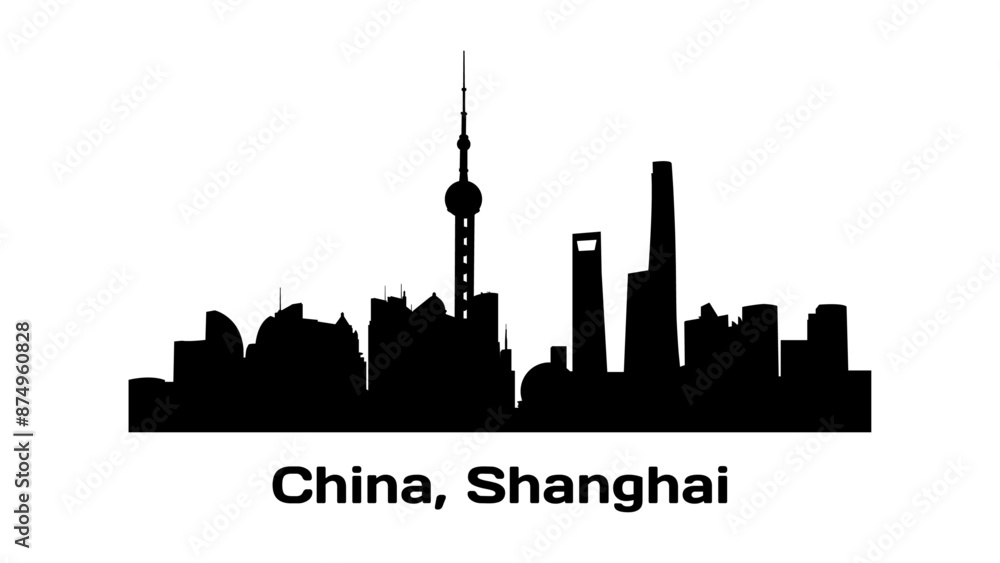 China. Shanghai city black skyline silhouette on a transparent ...