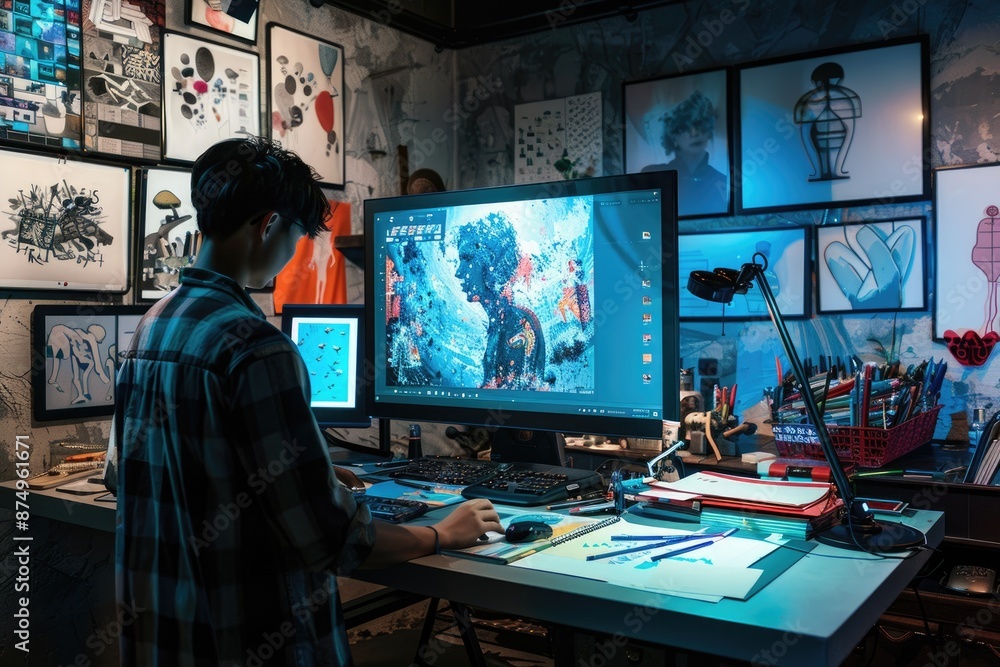 A graphic designer uses a large digital canvas, guided by an AI ...