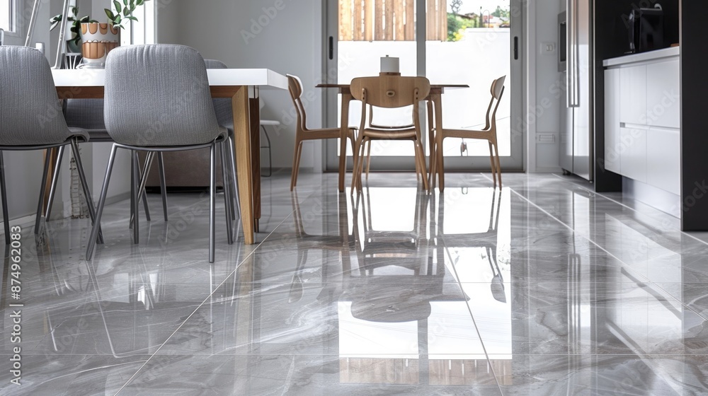 Kitchen Floor Tile. Modern Kitchen with Gray Marble Tile Floor, Reeded ...