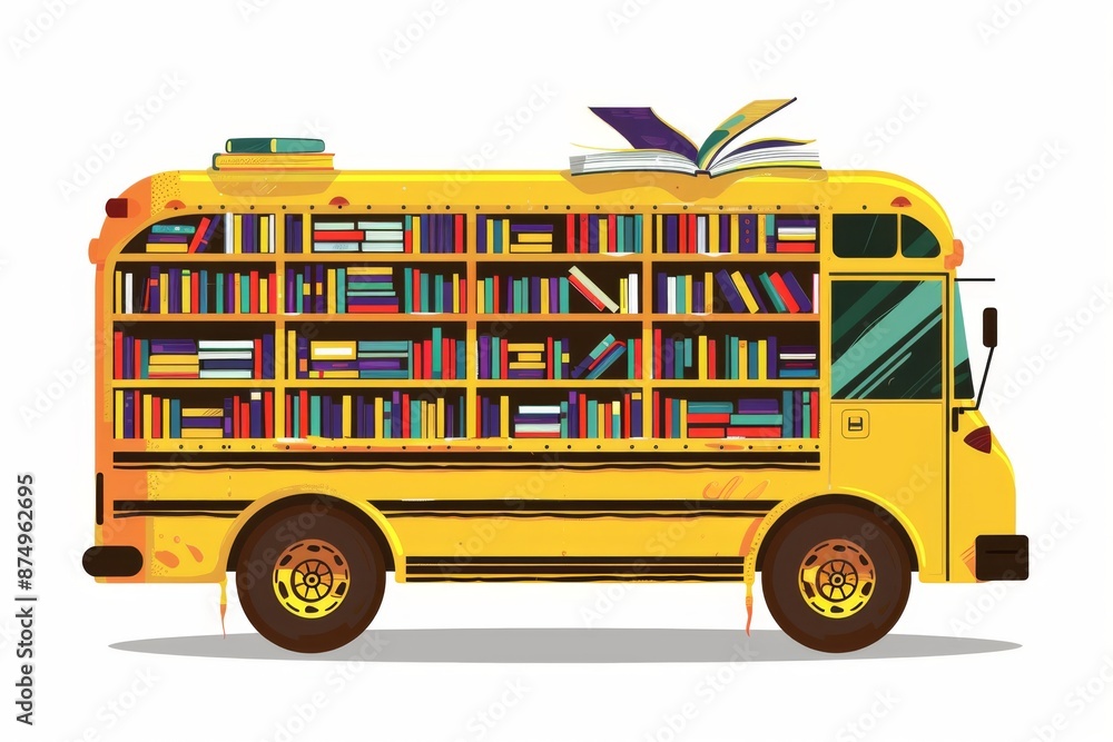 A school bus transformed into a mobile library, with shelves filled ...