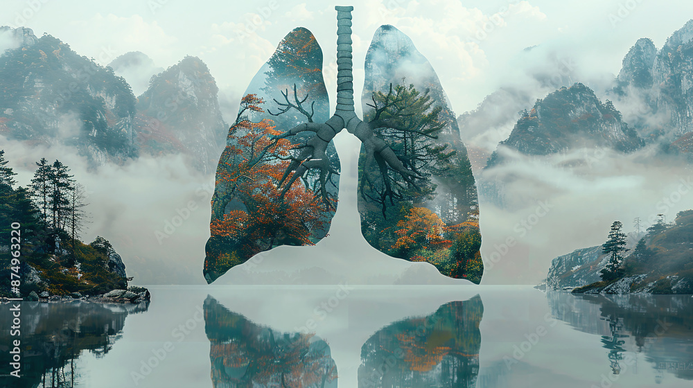 depicts human lungs seamlessly blended with a forest scene against ...