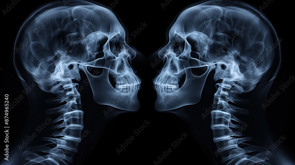 X-ray image of two skulls facing each other, revealing detailed bone ...