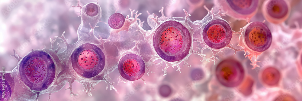 Close-up of microscopic cells with a detailed structure in shades of ...