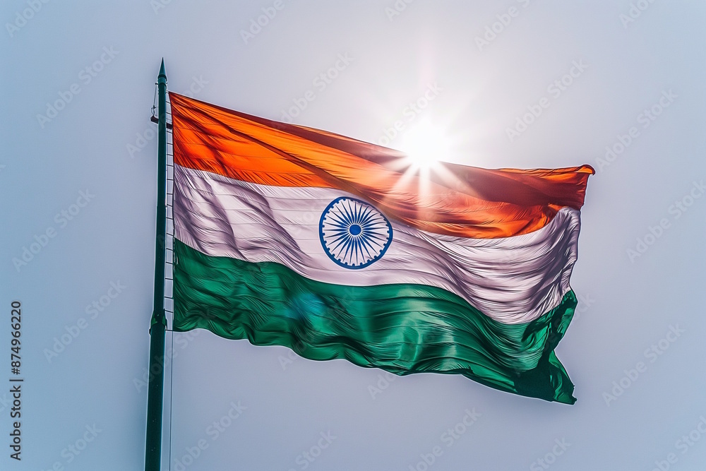 Indian flag waving against bright sun with clear sky, symbolizing ...