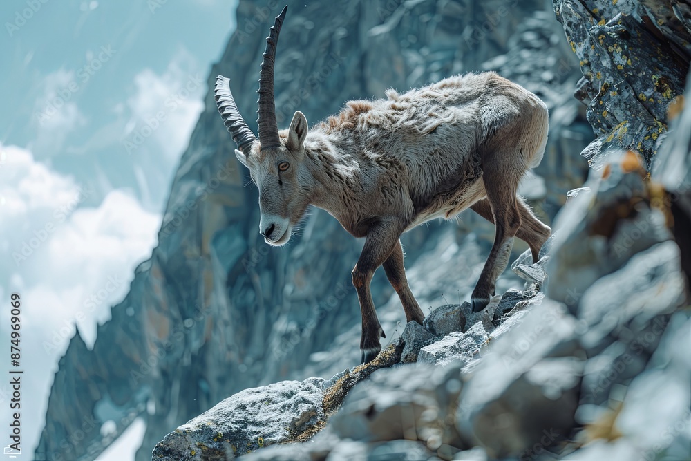 An ibex with long, curved horns navigates a challenging rocky path high ...