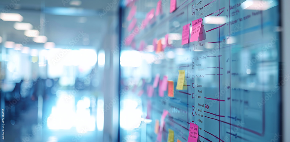 captures a detailed project plan spread across an office wall ...