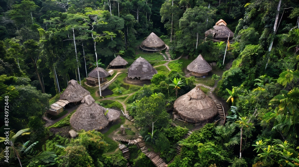 Indigenous tribe village nestled within the rainforest, traditional ...