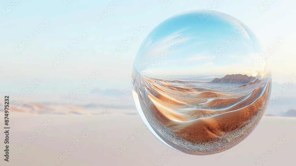 Design a scene where a transparent glass sphere rests on a sleek, dark ...