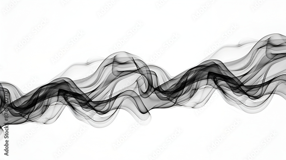 Abstract smoke waves over the white background, Black fume curves on ...