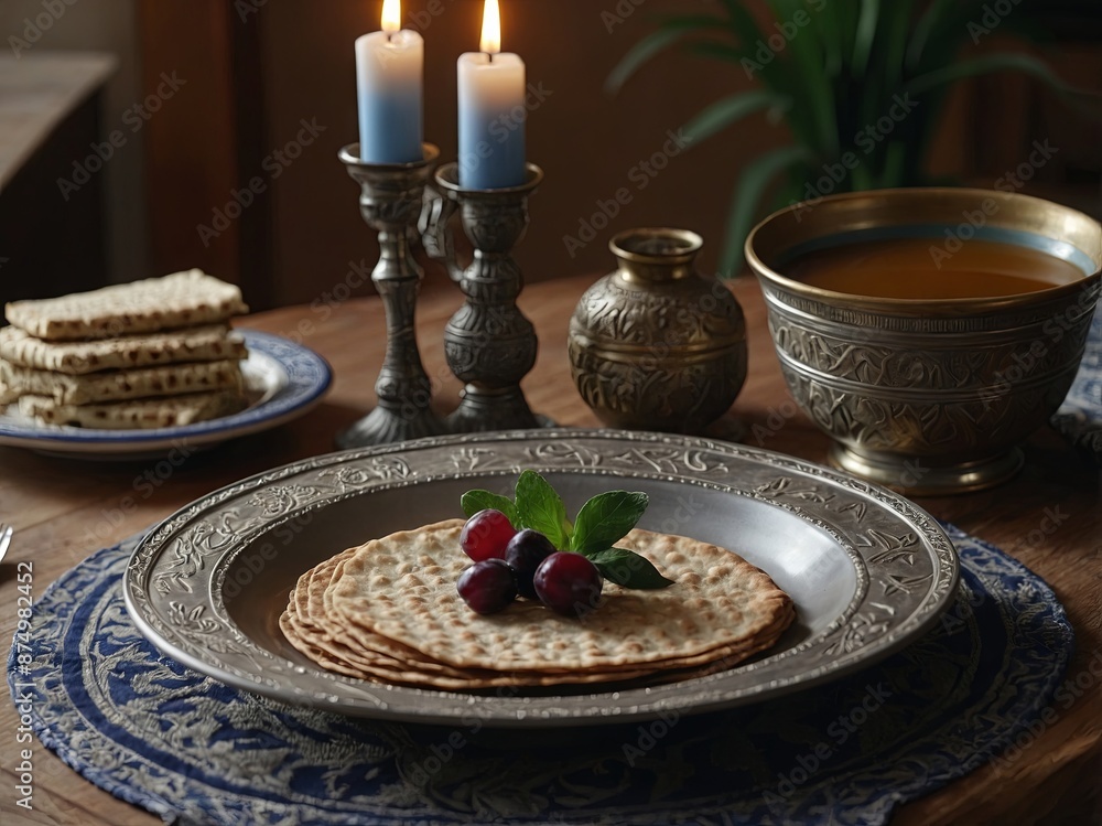 Festive table bound for a traditional Passover seder with a cup of ...