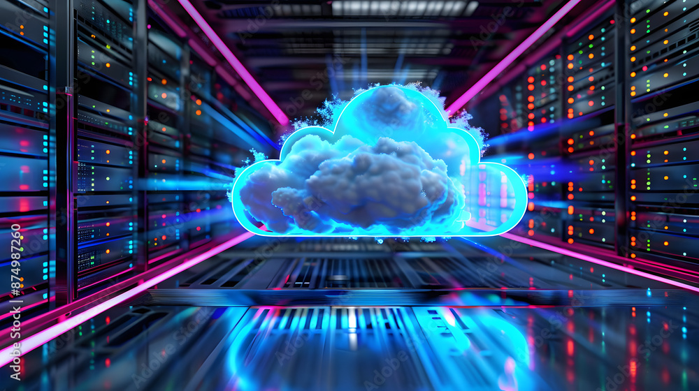 futuristic data center with illuminated cloud icons representing cloud ...