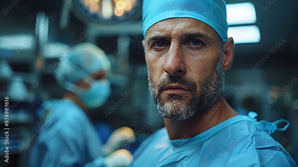 Realistic and cinematic image of a doctor in surgical scrubs in an ...