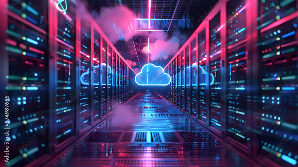 futuristic data center with illuminated cloud icons representing cloud ...