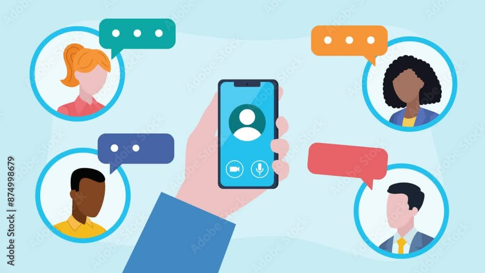 Video clip of a hand holding a phone with avatars of users talking next ...