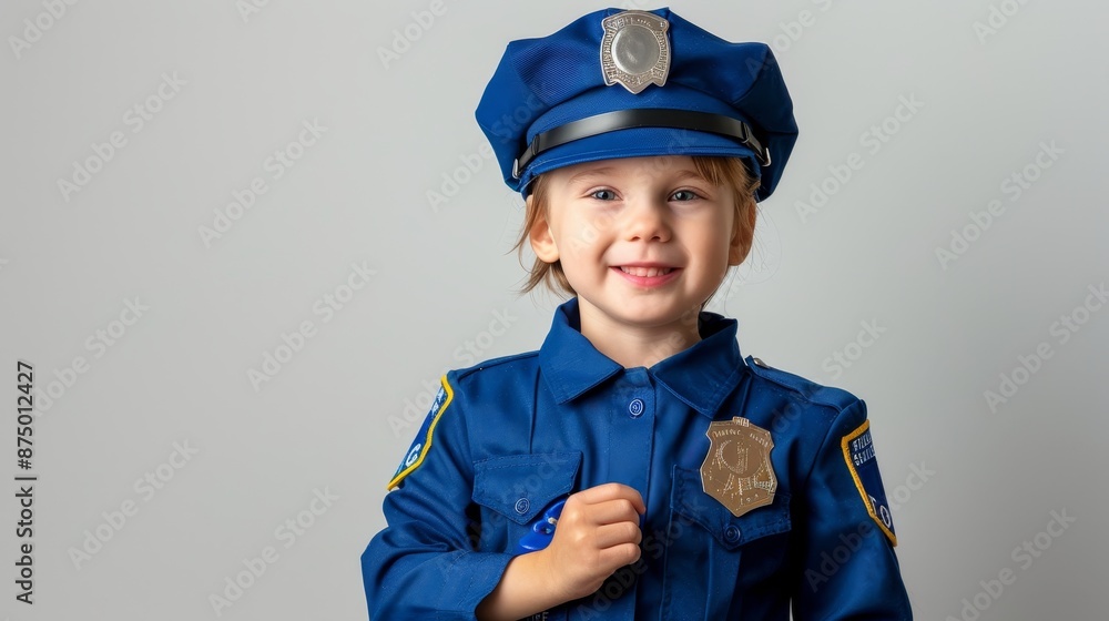 A child in a police officer's uniform, smiling proudly and holding a ...