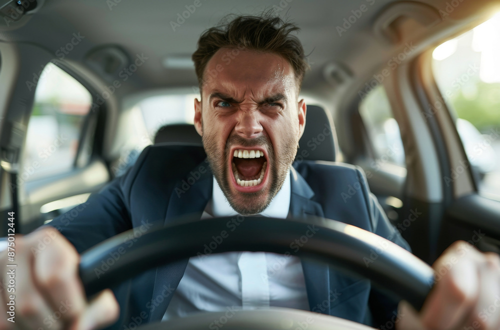 Side view of screaming bearded business man in suit driving a car and ...