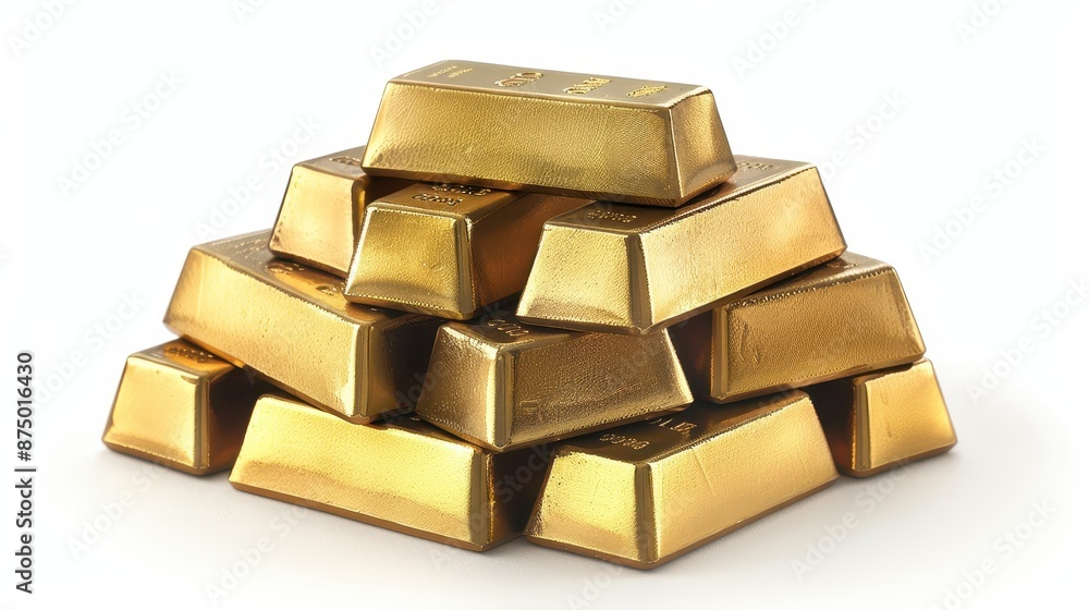 Realistic gold bars stacked in a pyramid shape, white background, high ...