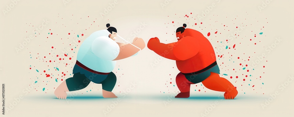 Colorful vector illustration of two sumo wrestlers facing off with ...