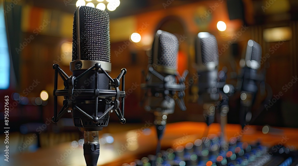 Studio setup of a podcast recording with multiple microphones and ...
