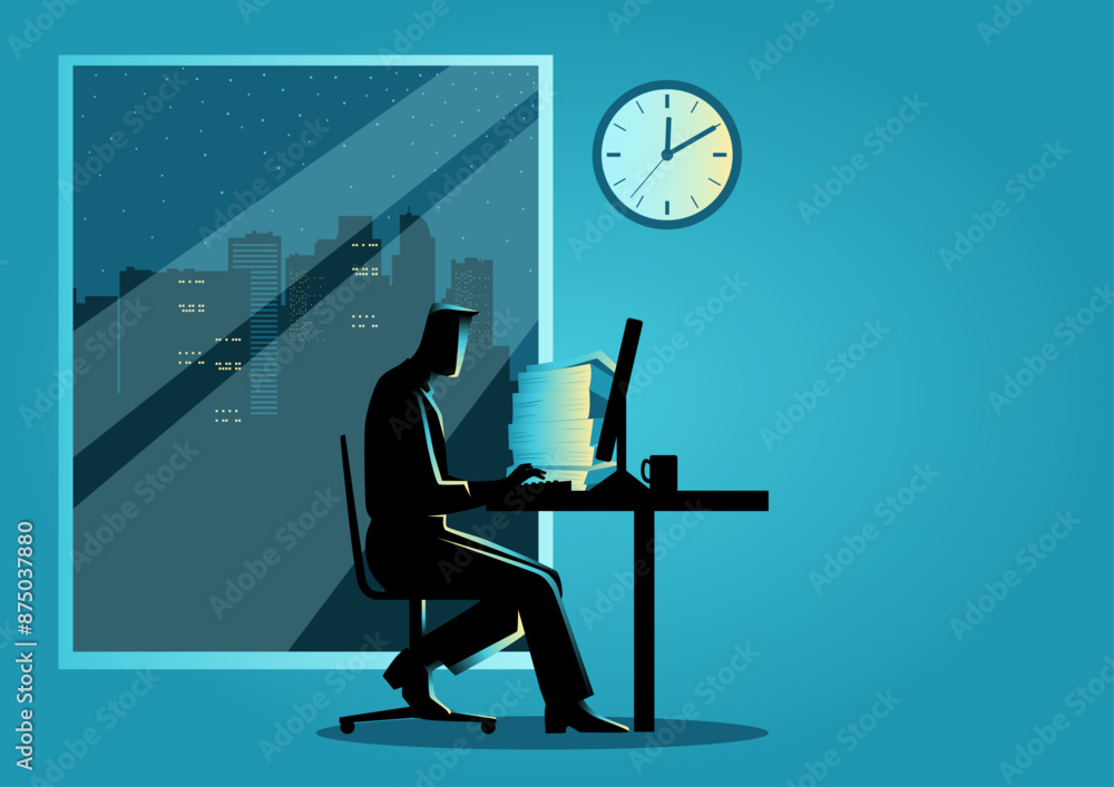 Vector illustration of a man working on a computer late at night, with ...