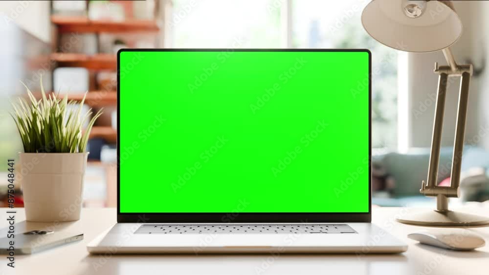 A static shot of a laptop with a green screen on a desk in a home ...
