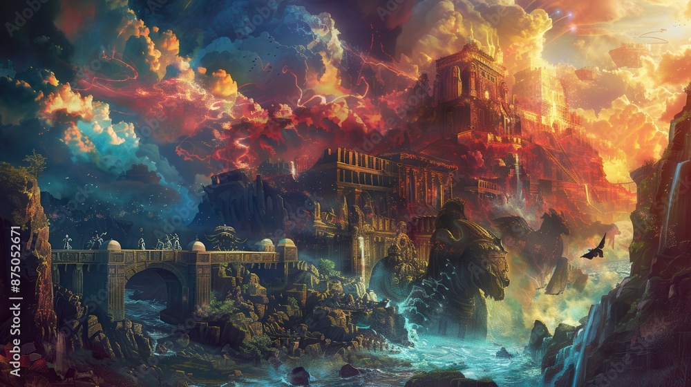 An illustration of a mythological scene with gods and goddesses ...