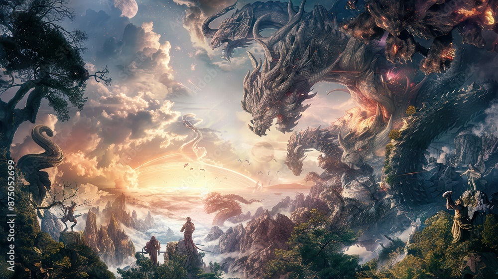 An illustration of a mythological scene with gods and goddesses ...