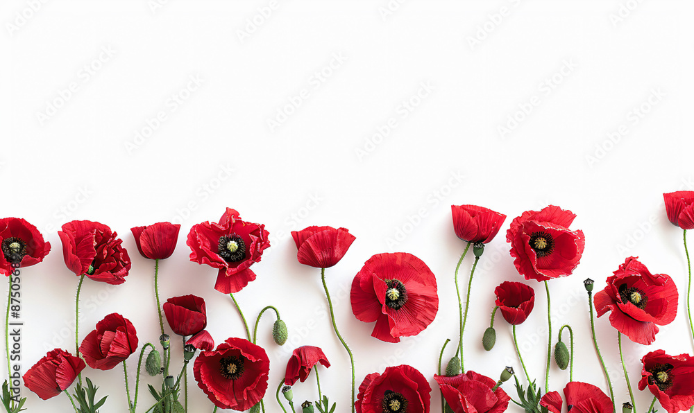Photo of Red poppies on white background, border frame decoration ...