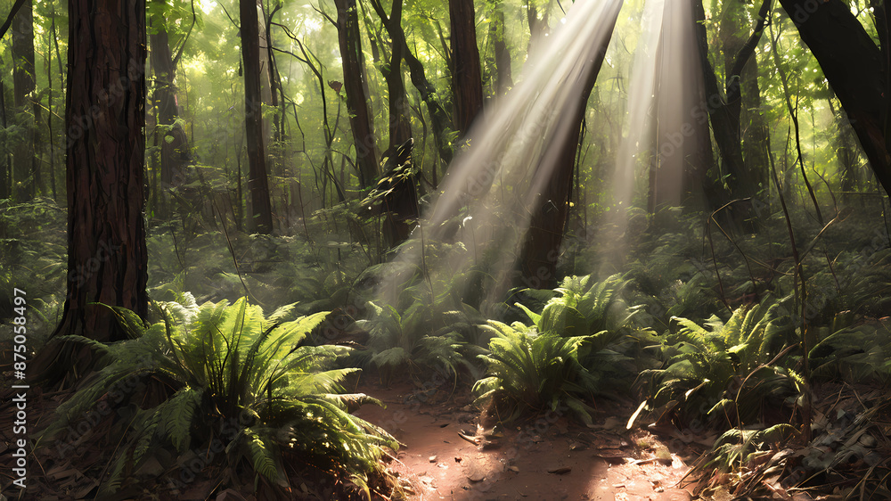 Un sendero serpenteante en un bosque frondoso con rayos de sol que se ...