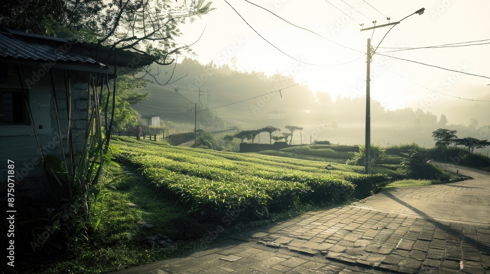 Background image of rural tea farm pathway at sunrise. Tea field with ...