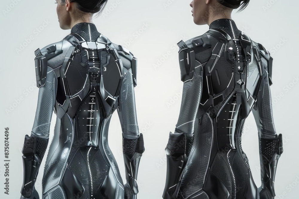 Rear view of futuristic female androids in sleek, metallic suits ...