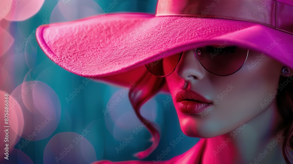 Young woman posing for a photo wearing a pink hat on a dark background ...
