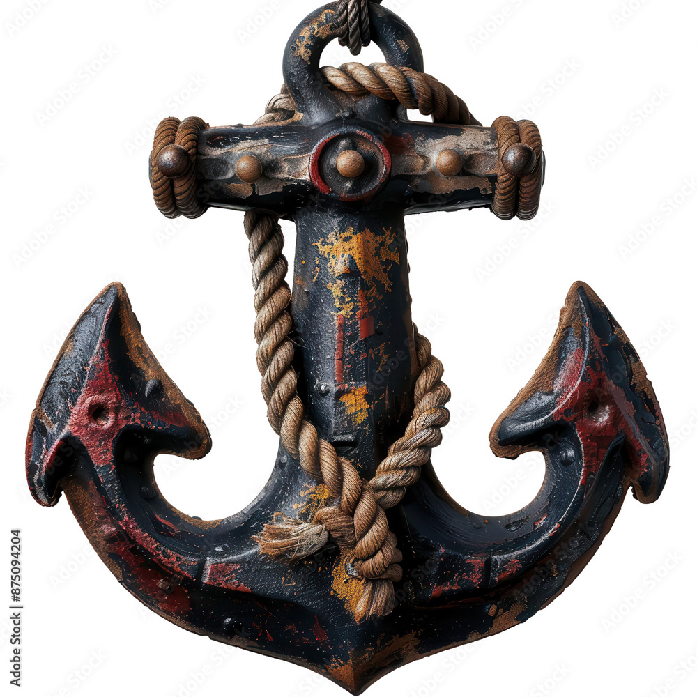 Vintage rusty metal anchor with rope, close-up detail showing texture ...