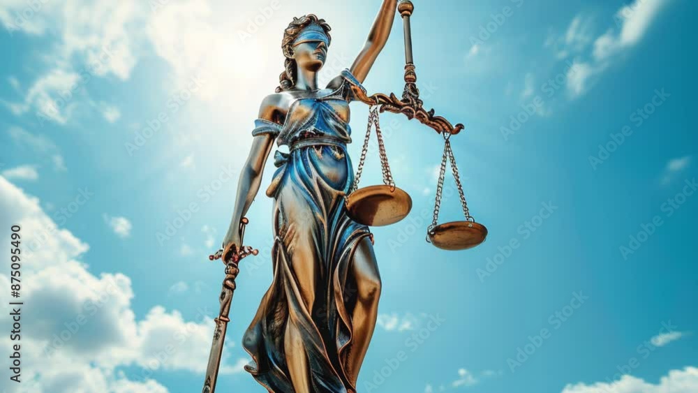 Statue of Lady justice, Themis sculpture over clear blue sky with copy ...